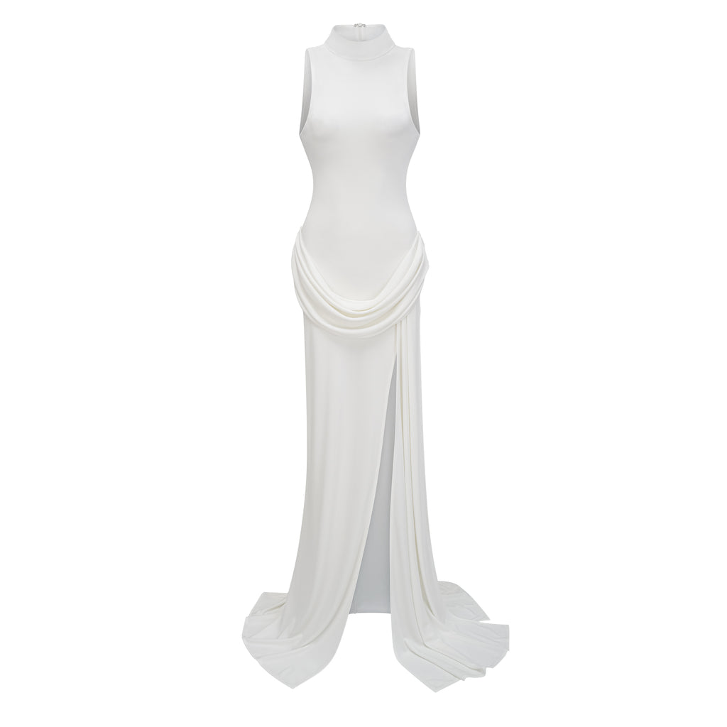 Mystérieuse White Turtleneck Draped Maxi Dress