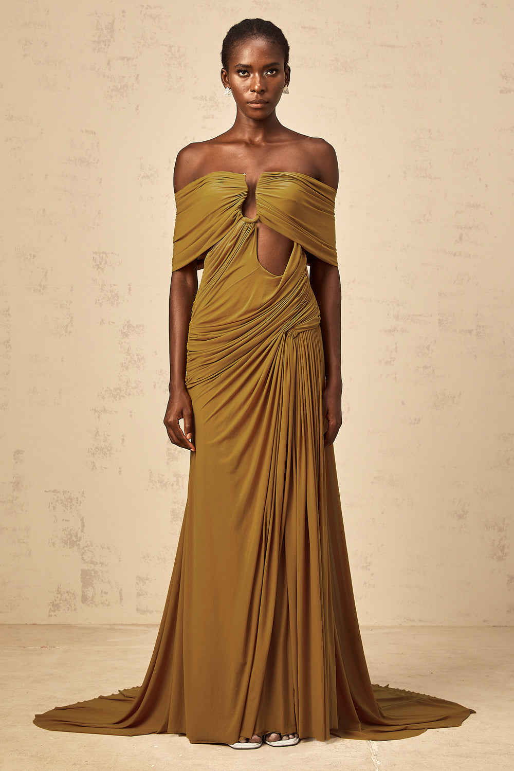 Ludivine ocher off-shoulder cut-out ruched maxi dress