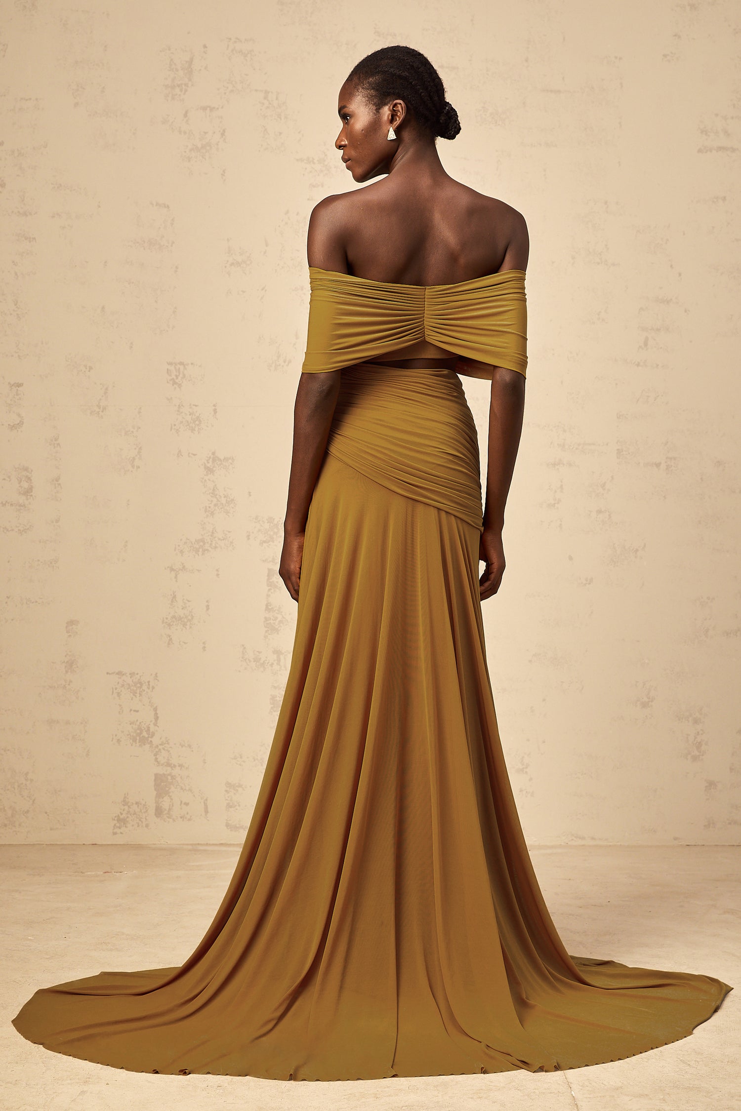 Ludivine ocher off-shoulder cut-out ruched maxi dress
