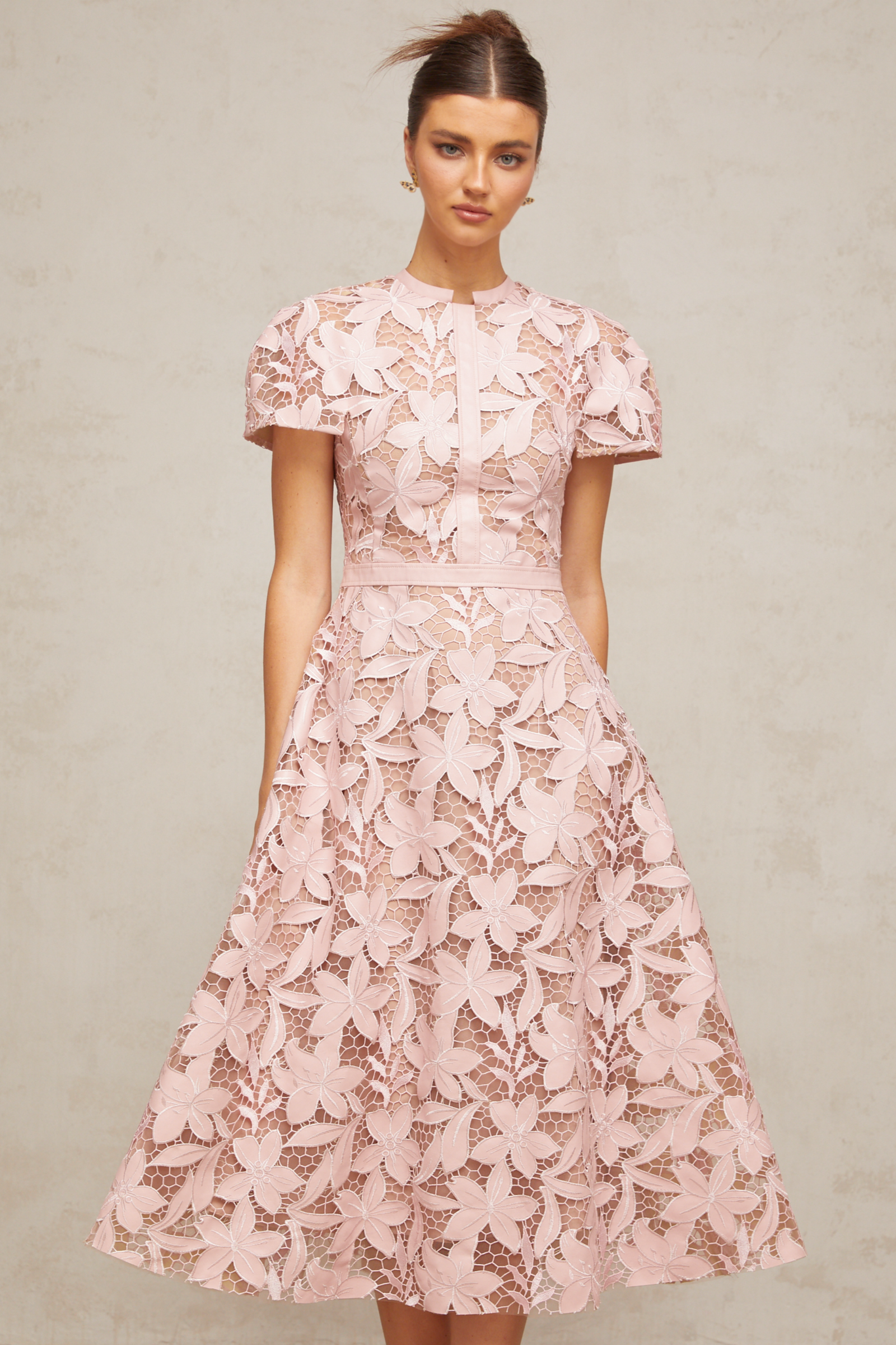 Vérane pink guipure-lace midi dress