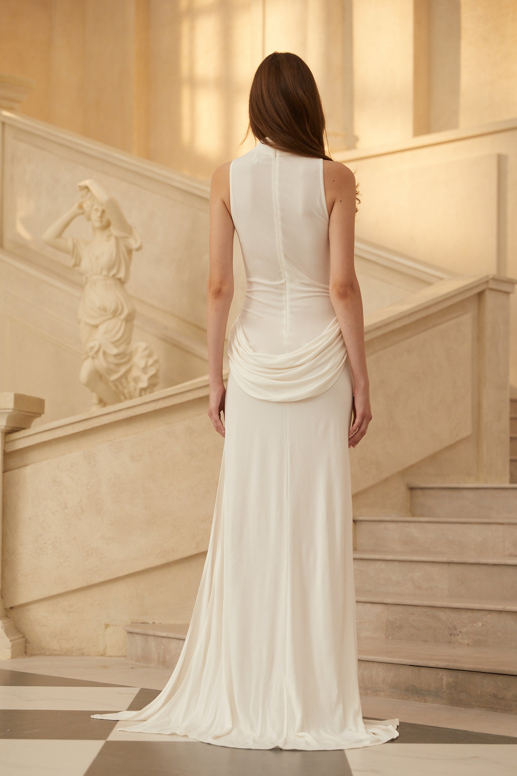 Mystérieuse White Turtleneck Draped Maxi Dress