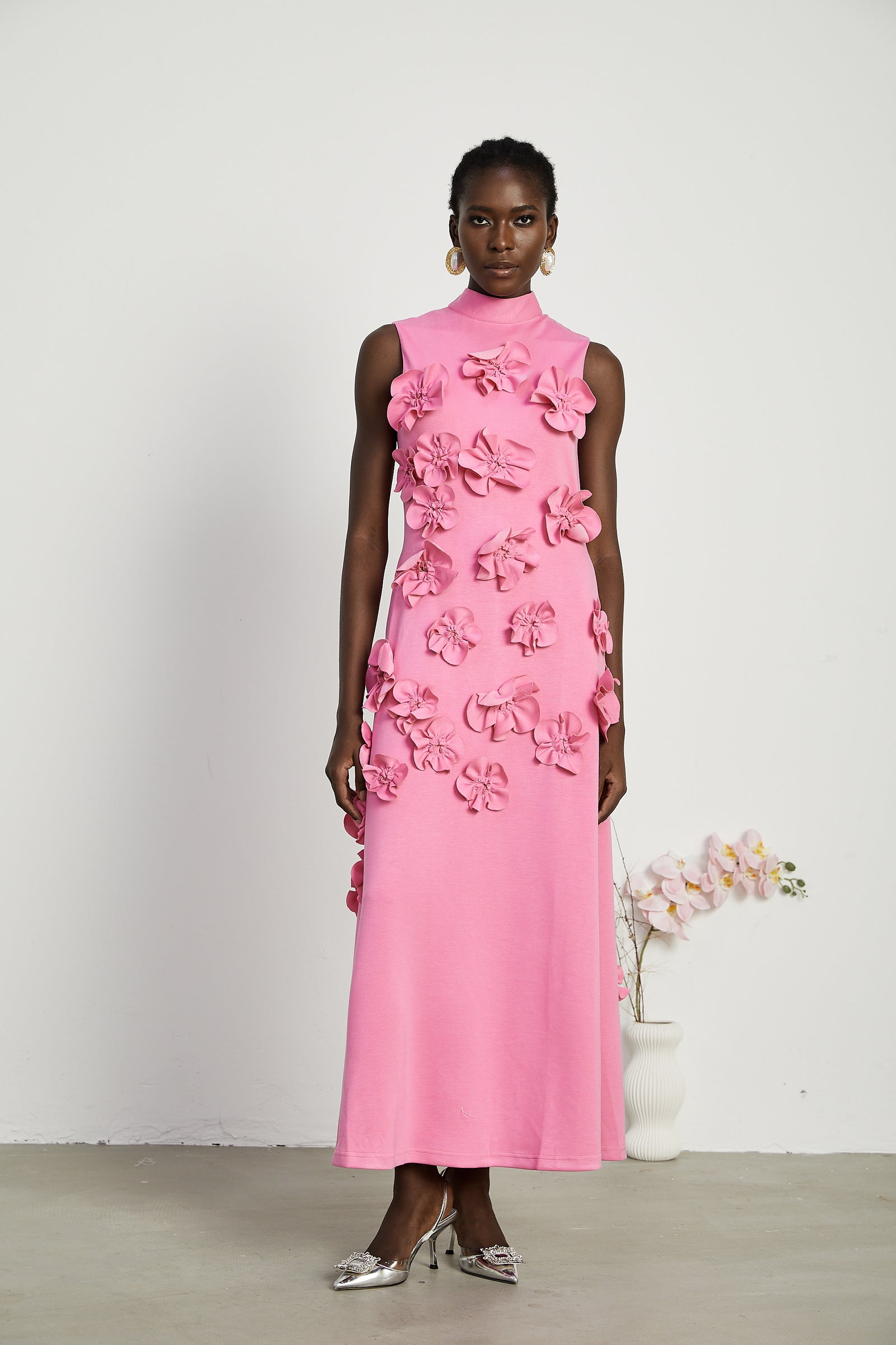 Magali Pink Sleeveless Maxi Dress with Faux Flower & Bow-Tie Embellish