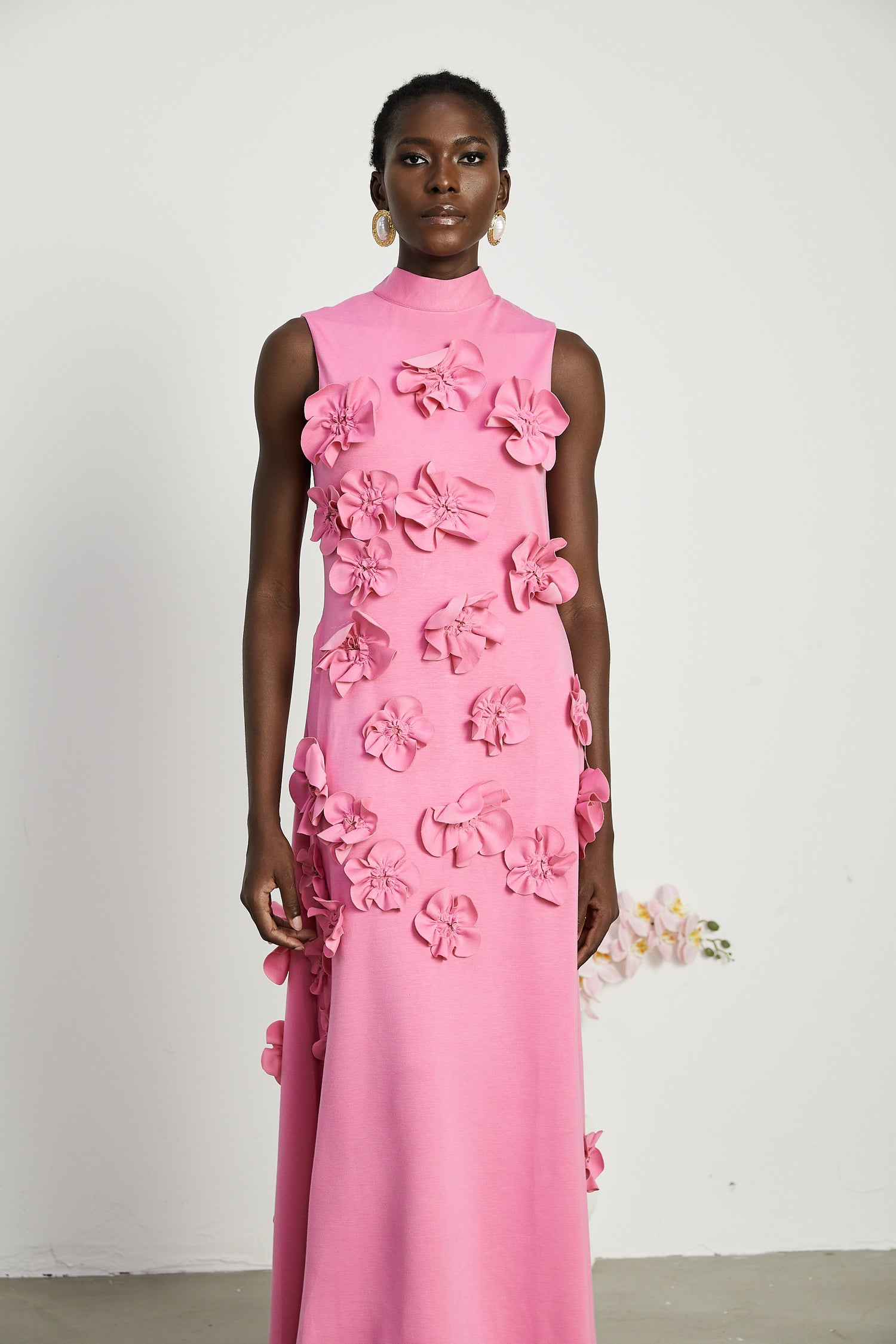 Magali Pink Sleeveless Maxi Dress with Faux Flower & Bow-Tie Embellish