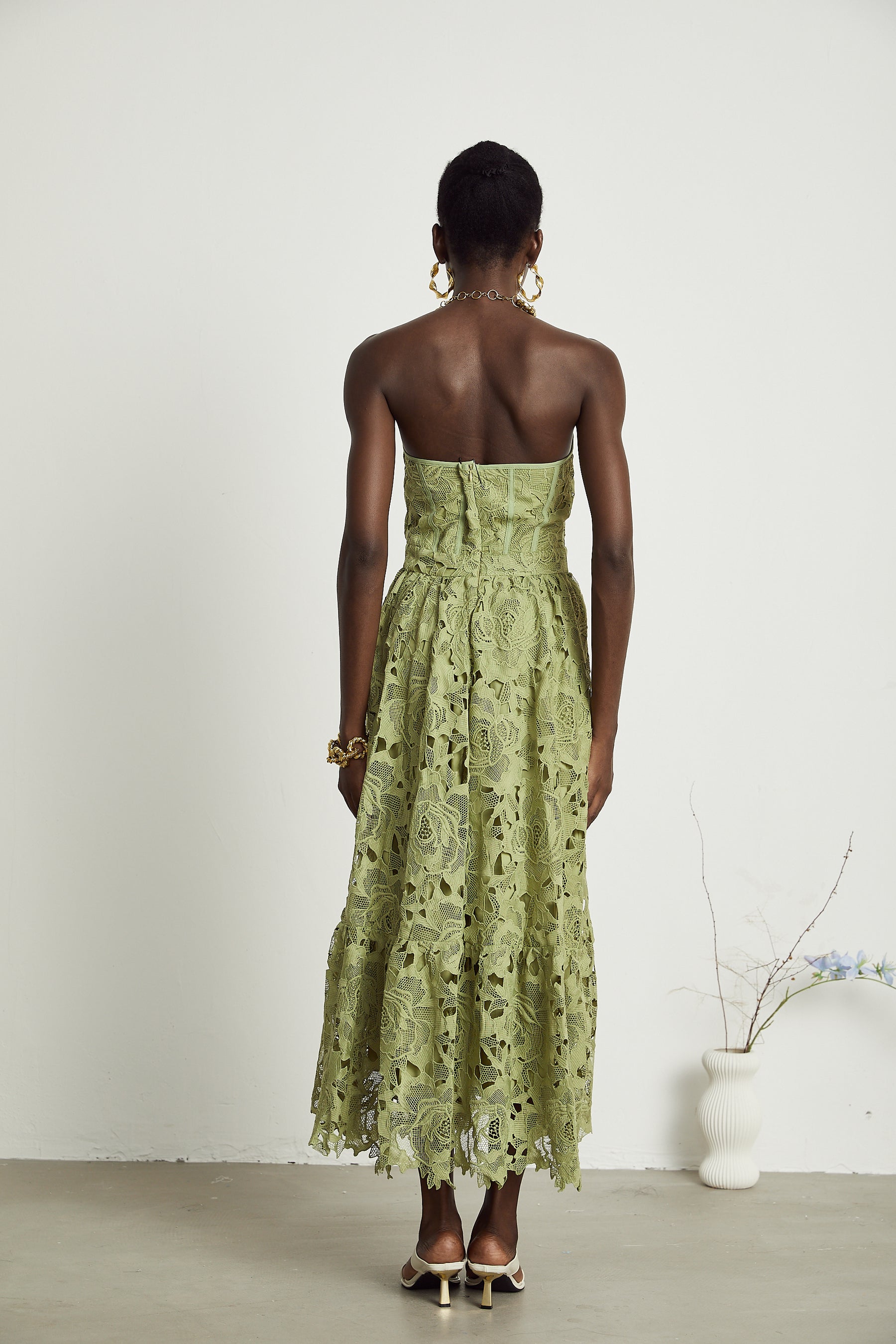 Inès lace floral embroidered cut-out midi dress in Green