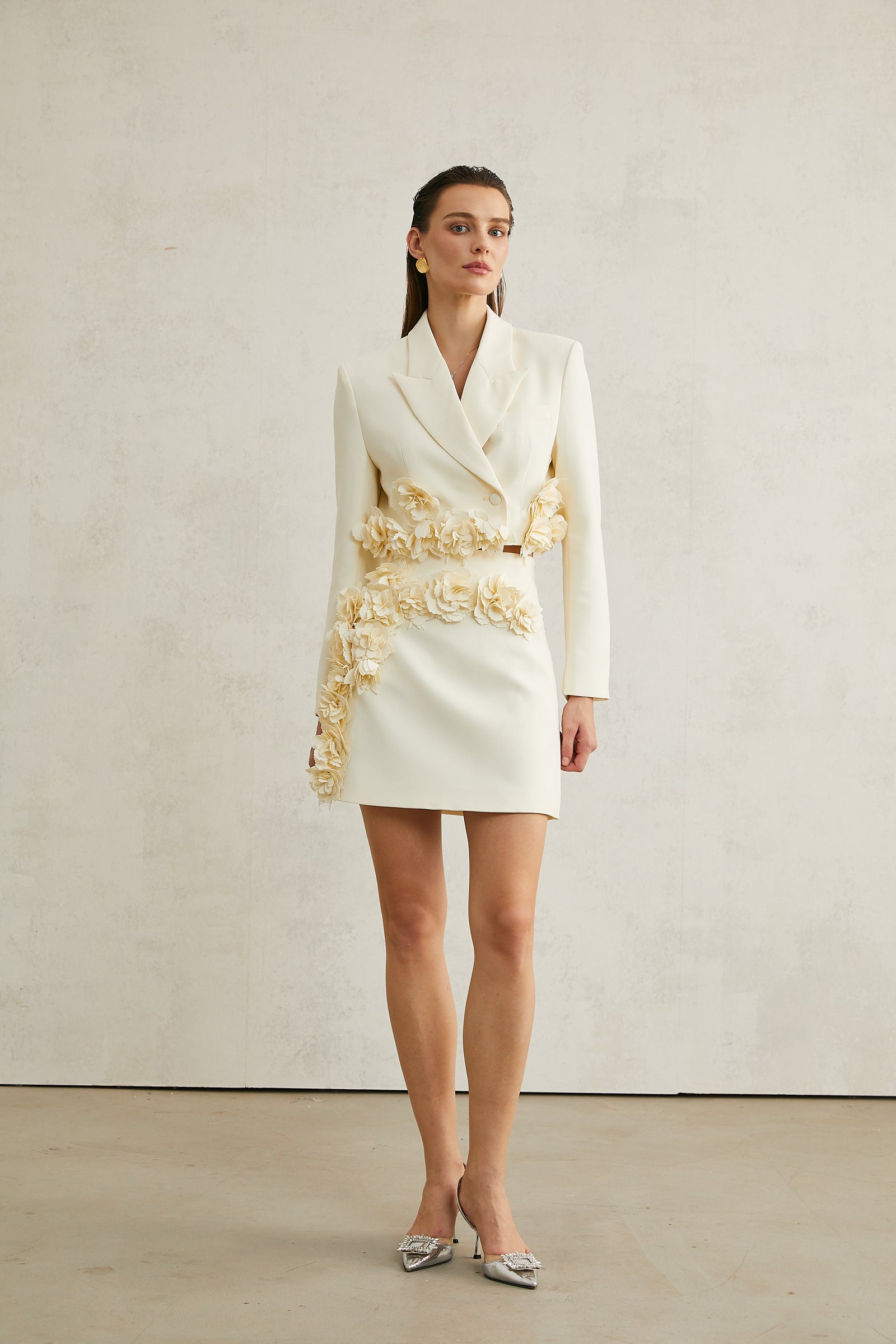 Vivien floral-appliqué jacket & skirt matching set