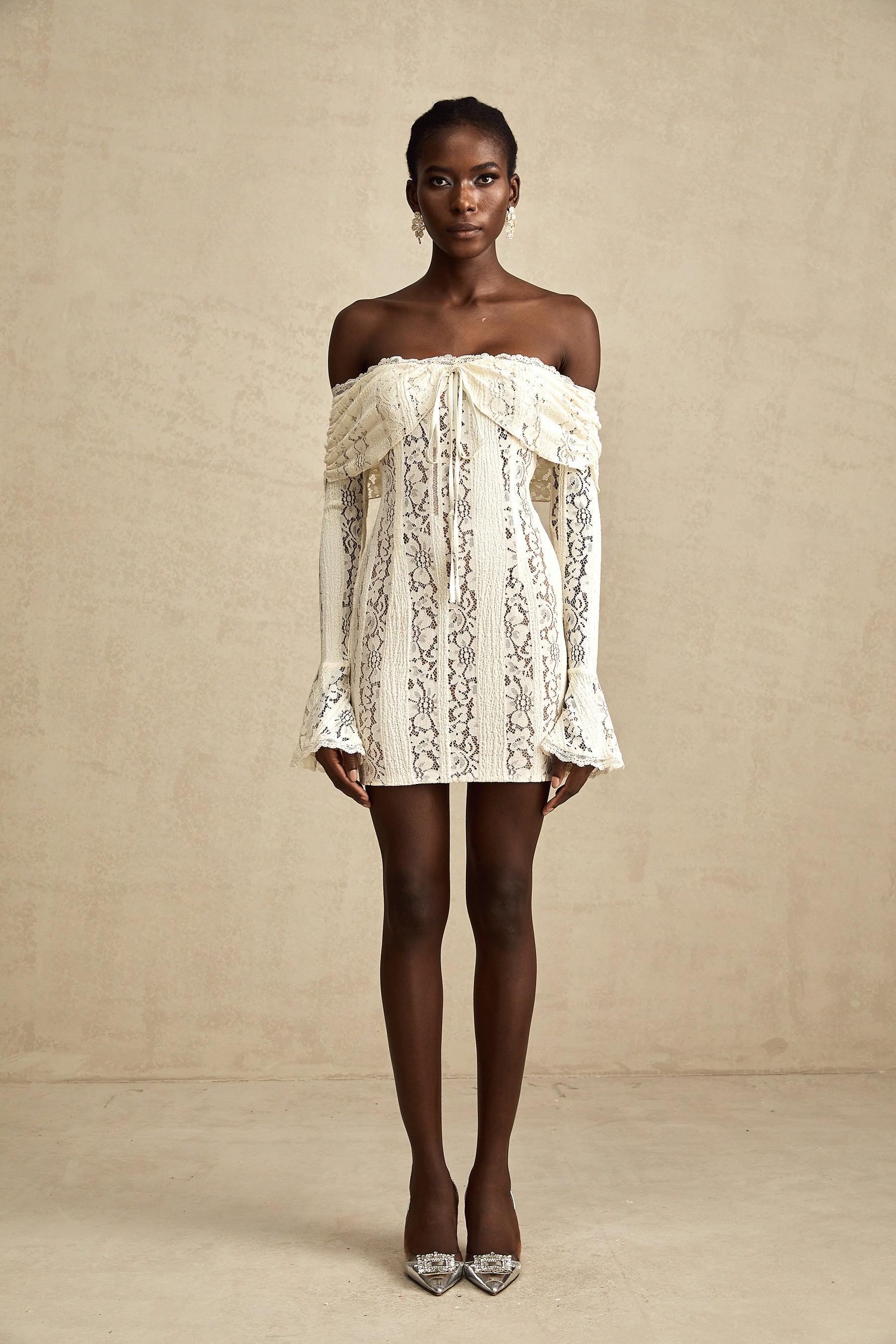 Émeline floral lace flared-cuff mini dress in Neutrals