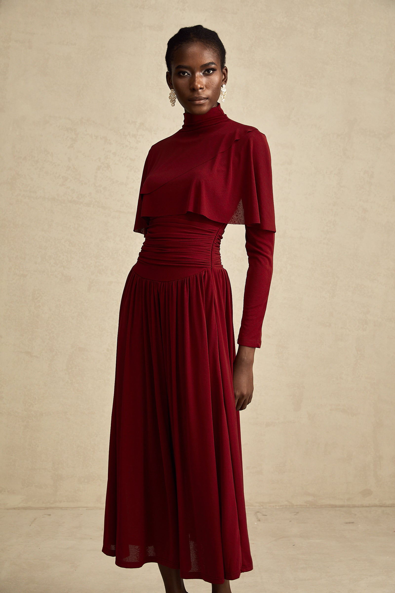 Camille Red Ruched Midi Dress with Flap Design Detail