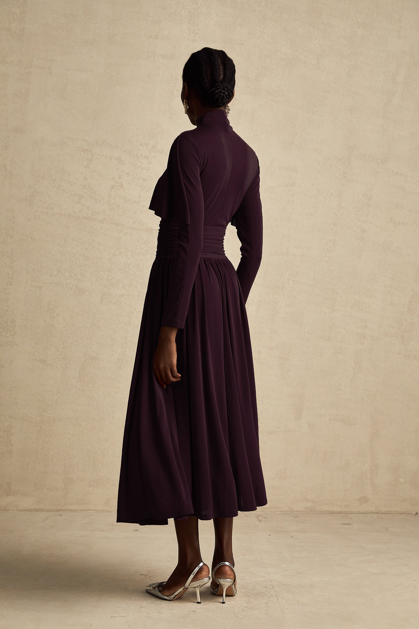 Camille Red Ruched Midi Dress with Flap Design Detail