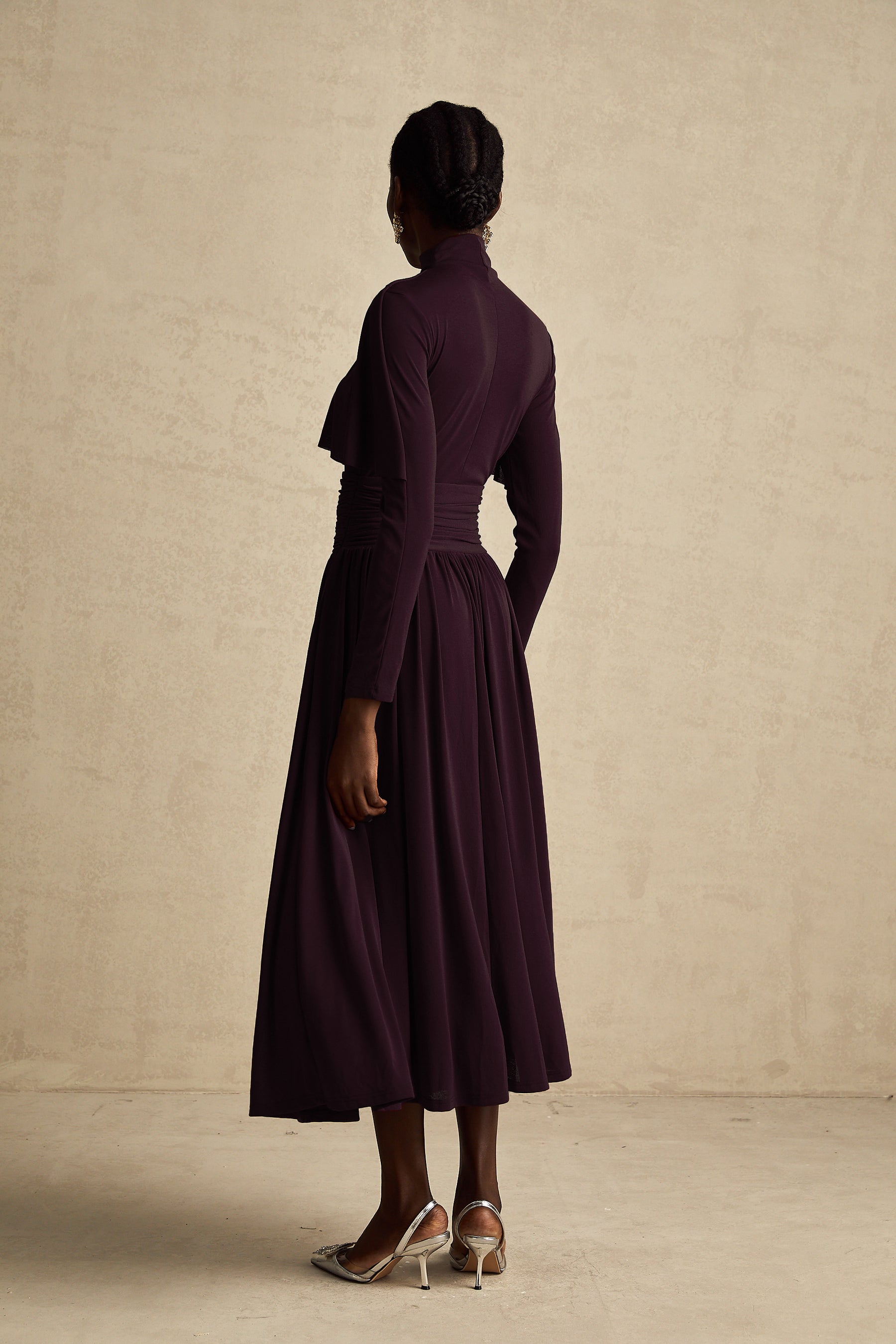 Camille Red Ruched Midi Dress with Flap Design Detail