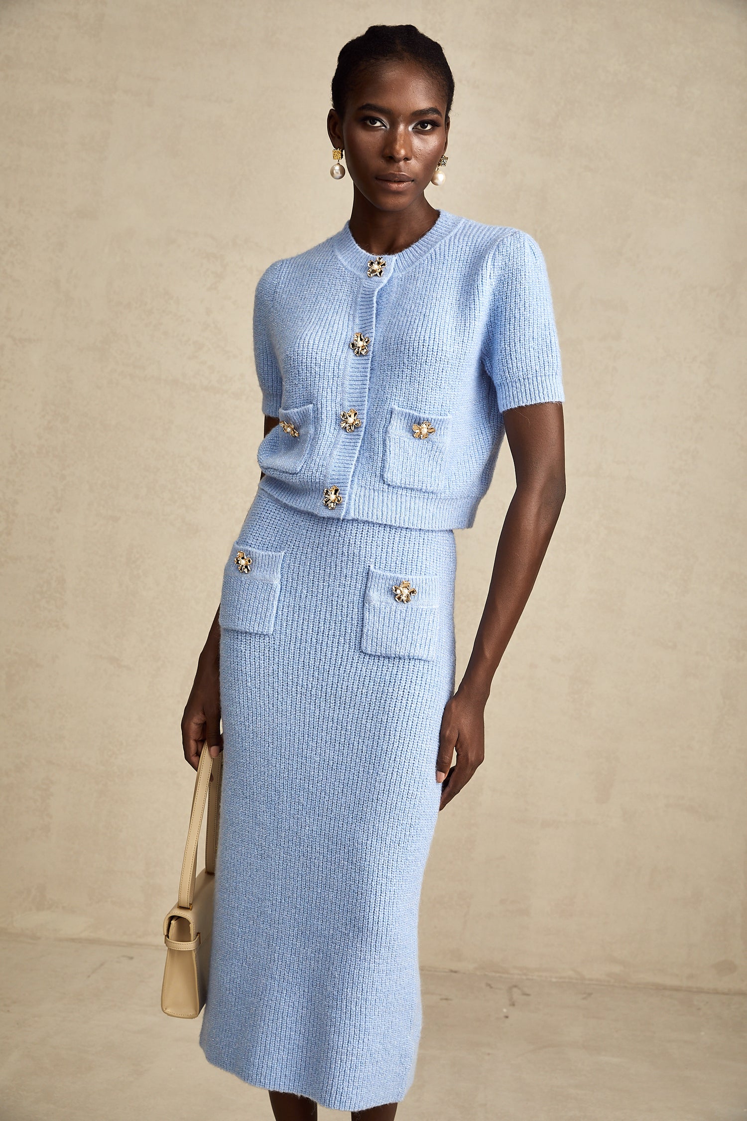 Chantal Blue Knit Two-Piece Blouse and Skirt Set