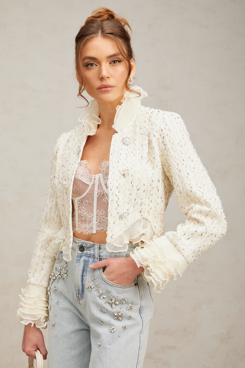 Blanche white beaded ruffle cropped jacket