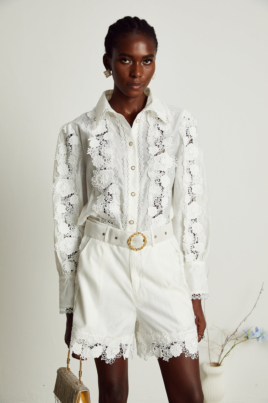 Rosalie lace-trim embroidered shirt & shorts matching set (Final Sale)