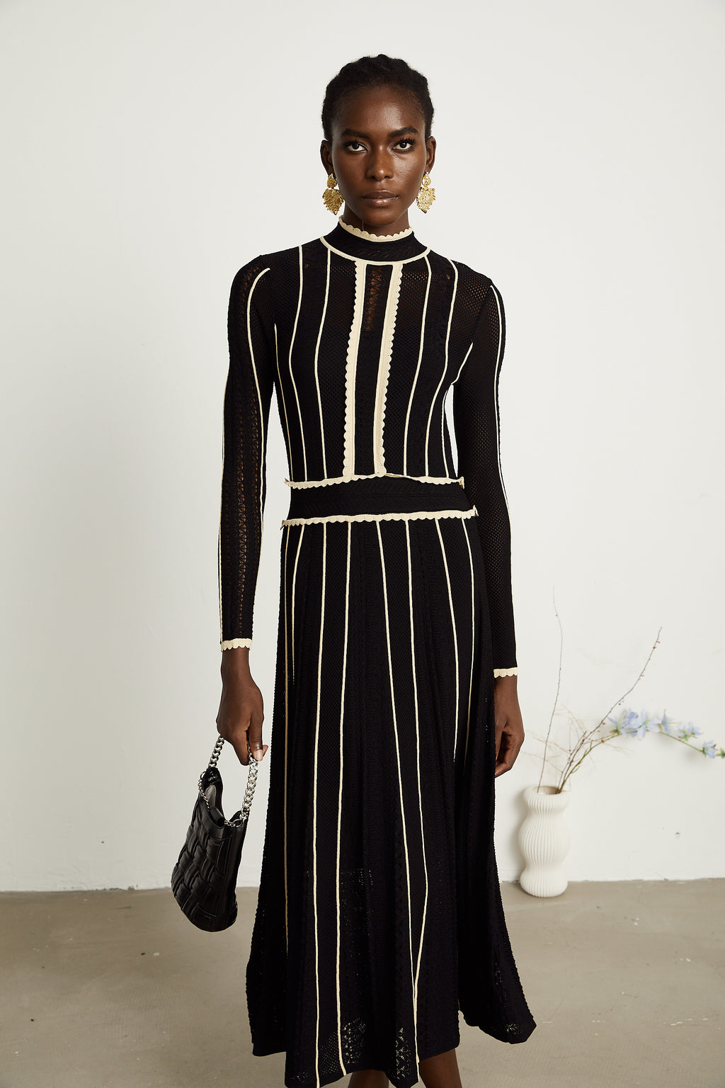 Maëlys black vertical-stripe netted maxi dress