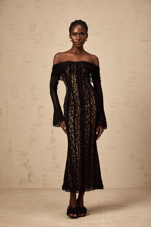 Émeline floral lace flared-cuff midi dress in Black