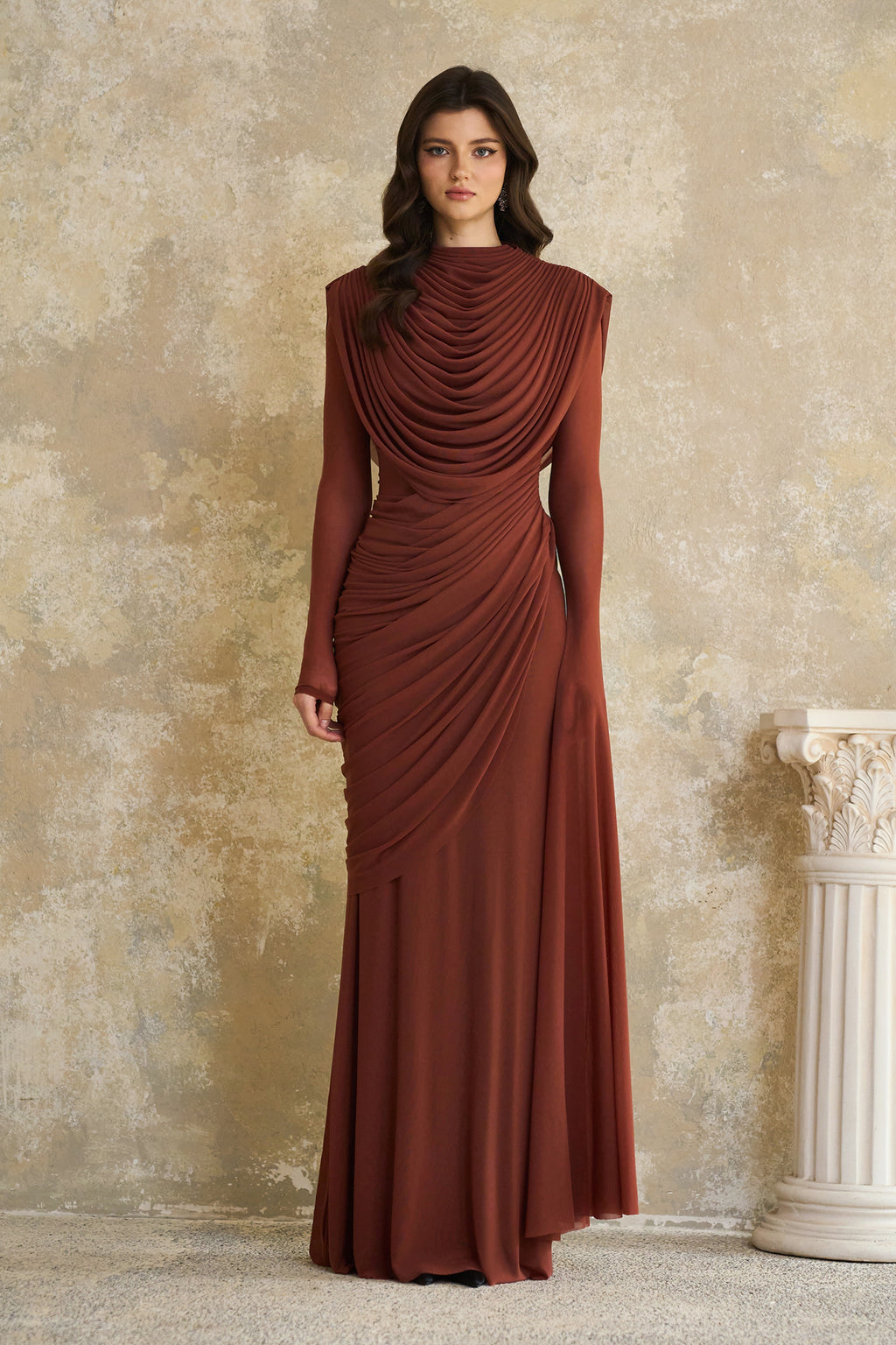 Danaé Brown Shirred-effect Draped Maxi Dress
