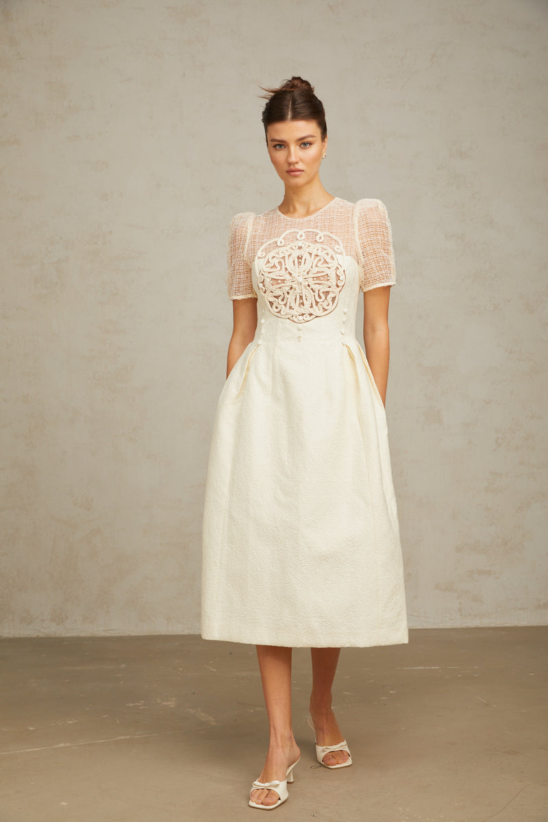 Camille white braid panelled midi dress