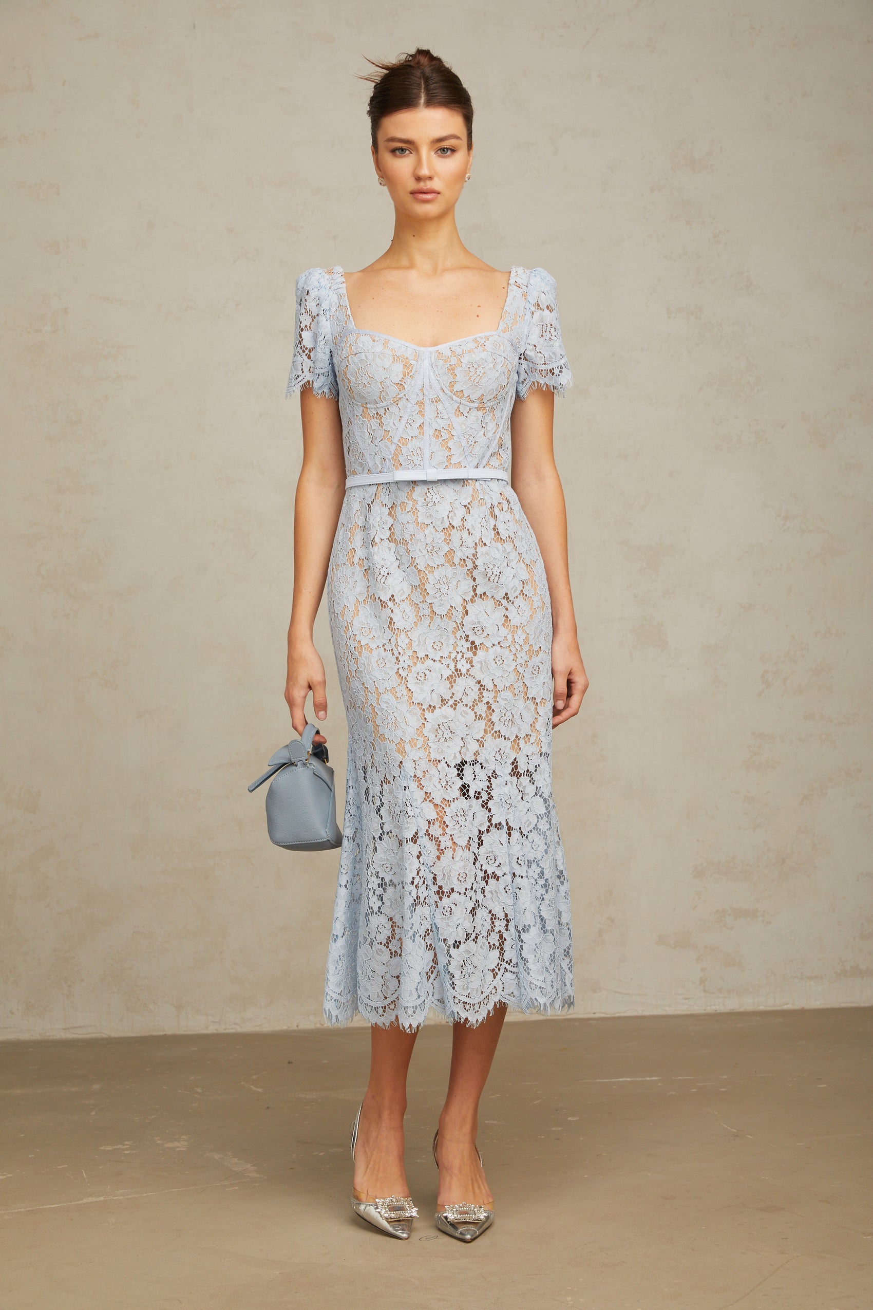 Audrey blue floral-lace boned midi dress
