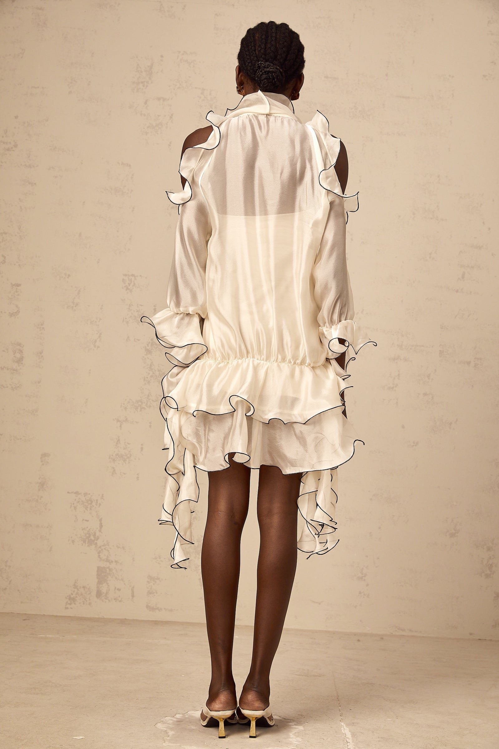 Tiphaine white ribbon-detail flounce mini dress