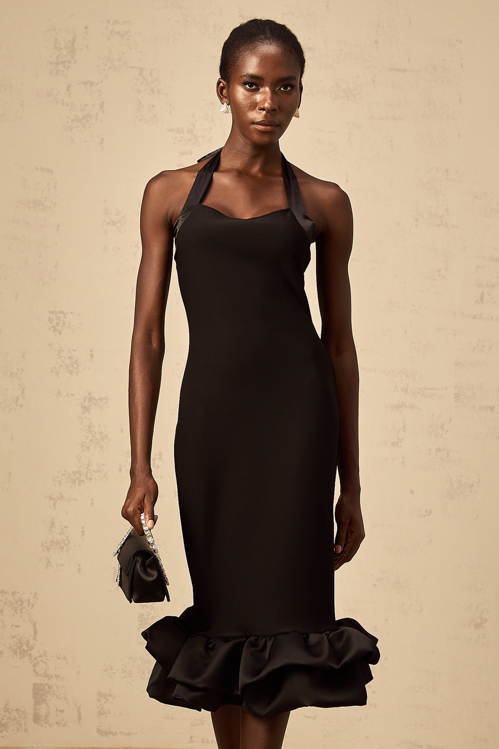 Alizée black halterneck bubble-hem midi dress