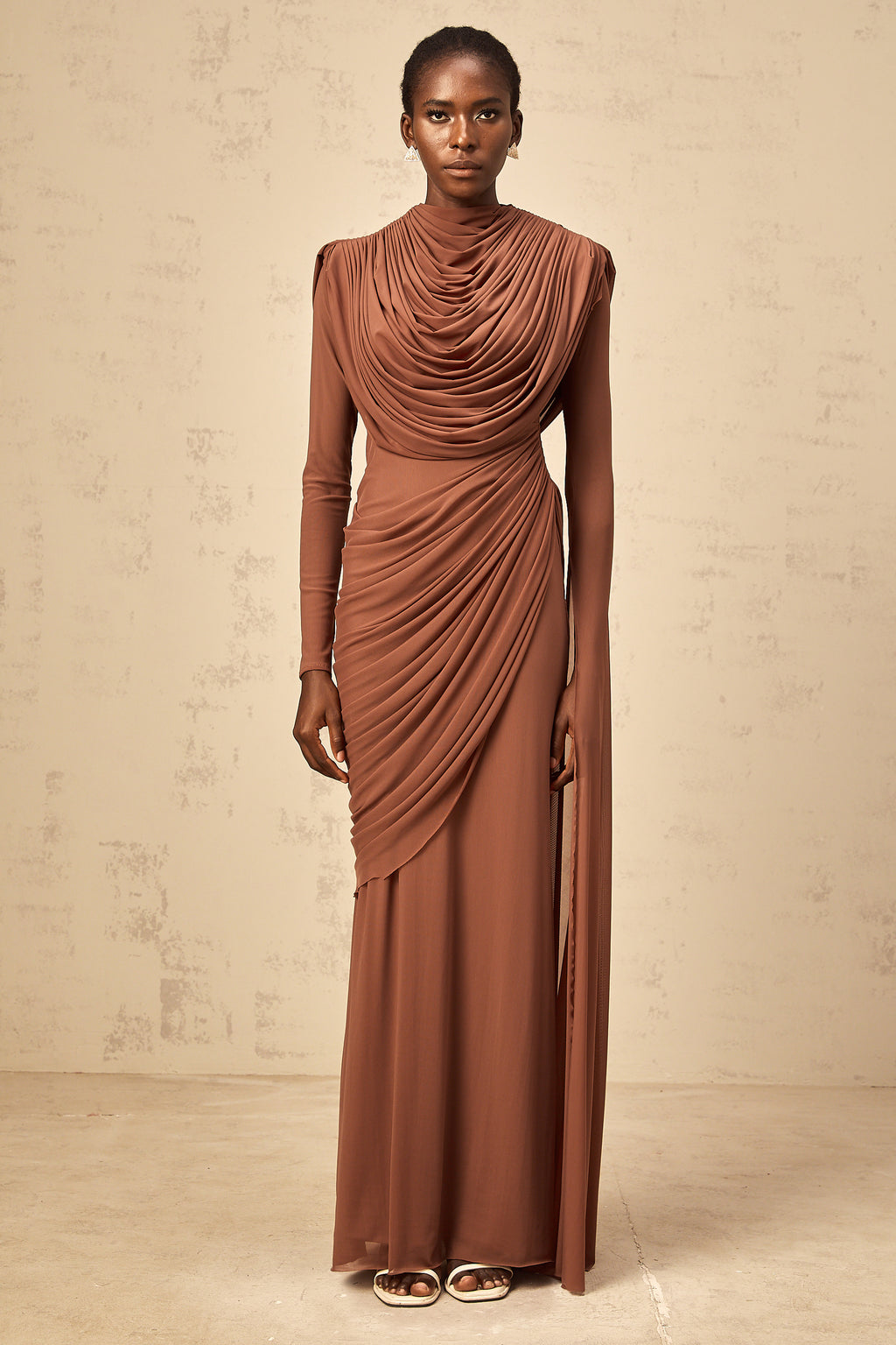 Danaé Brown Shirred-effect Draped Maxi Dress