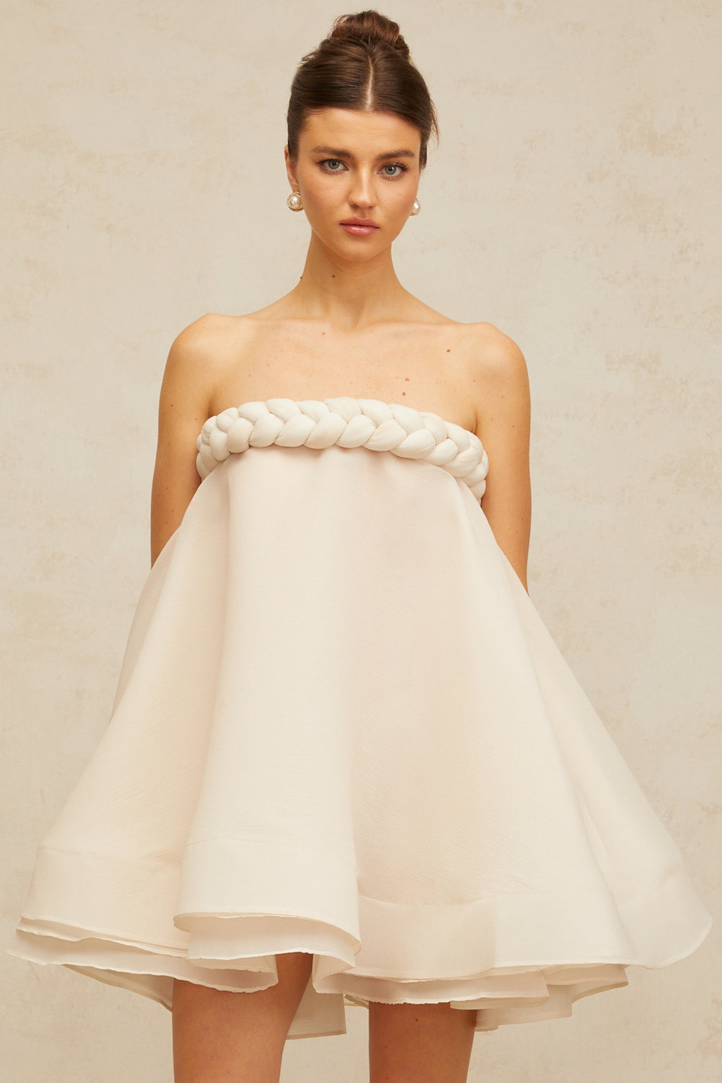 Violette white braid-detail puff mini dress