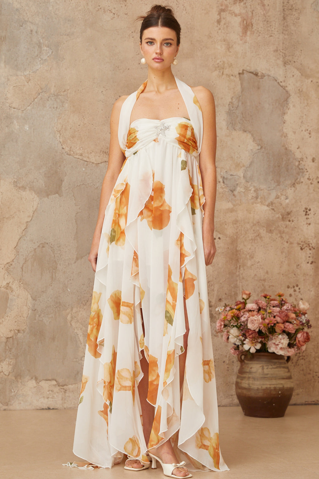 Mariah White Floral Print Ruffled Tulle Maxi Dress