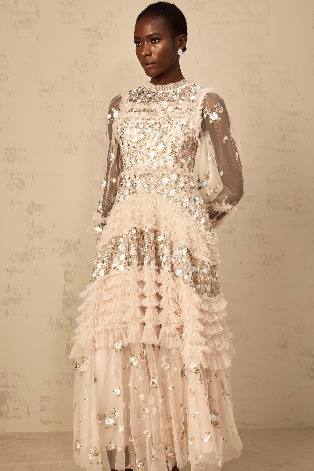 Dianthe floral-embroidered tiered tulle maxi dress