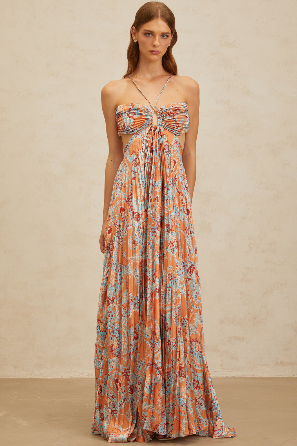 Andréa Orange Floral Print Pleated Maxi Dress with Cutout Detail