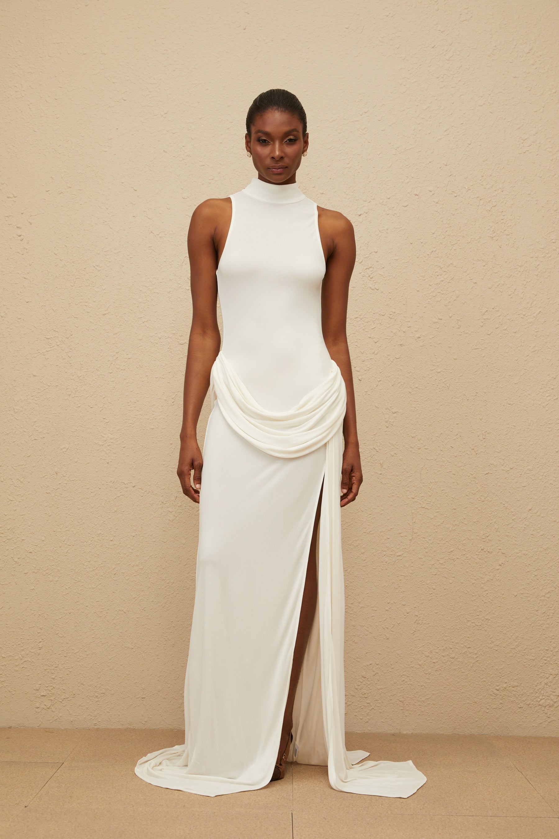 Mystérieuse White Turtleneck Draped Maxi Dress