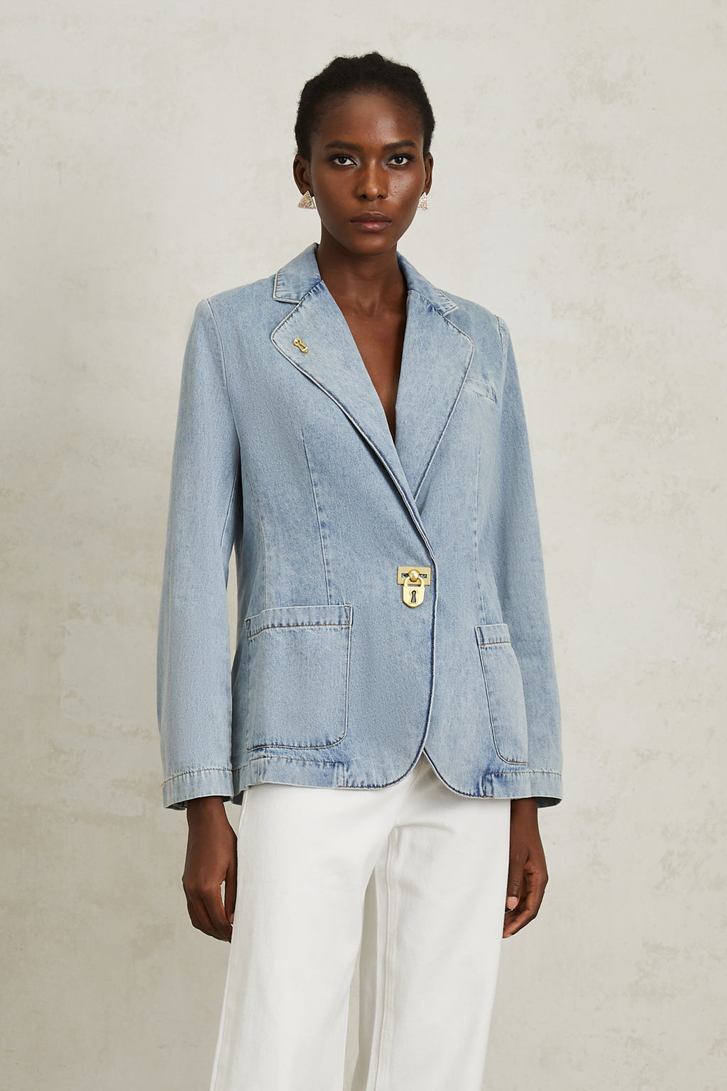 Léonide Blue Lock Detail Denim Blazer