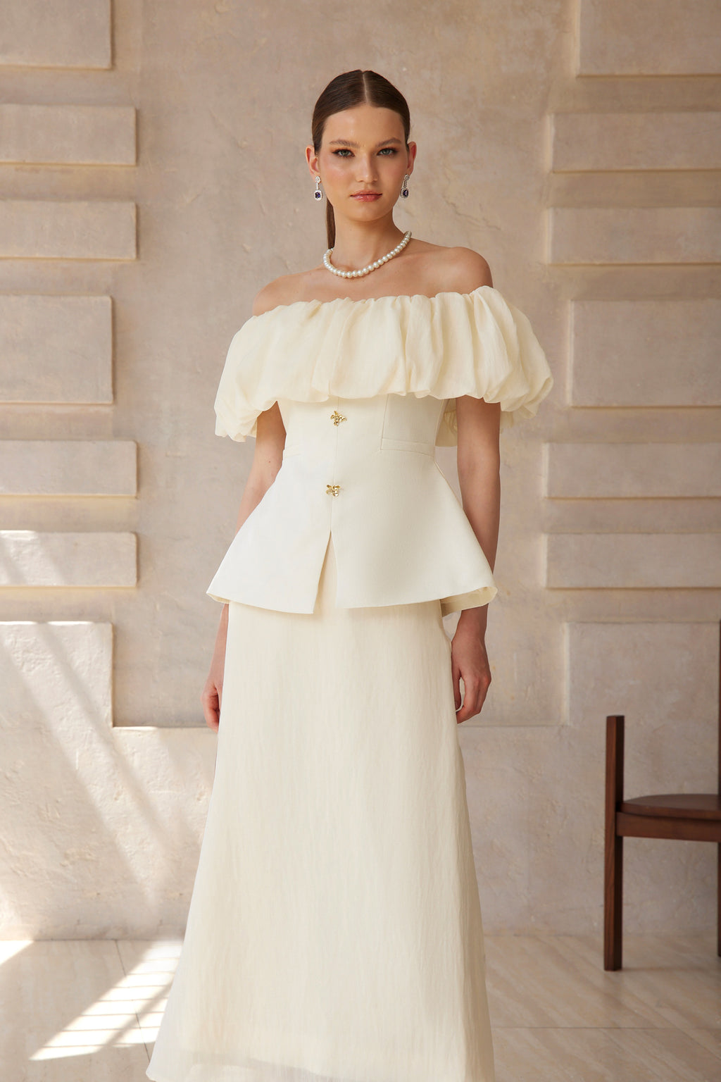 Dianthe White Off Shoulder Shirred Top & Skirt Set