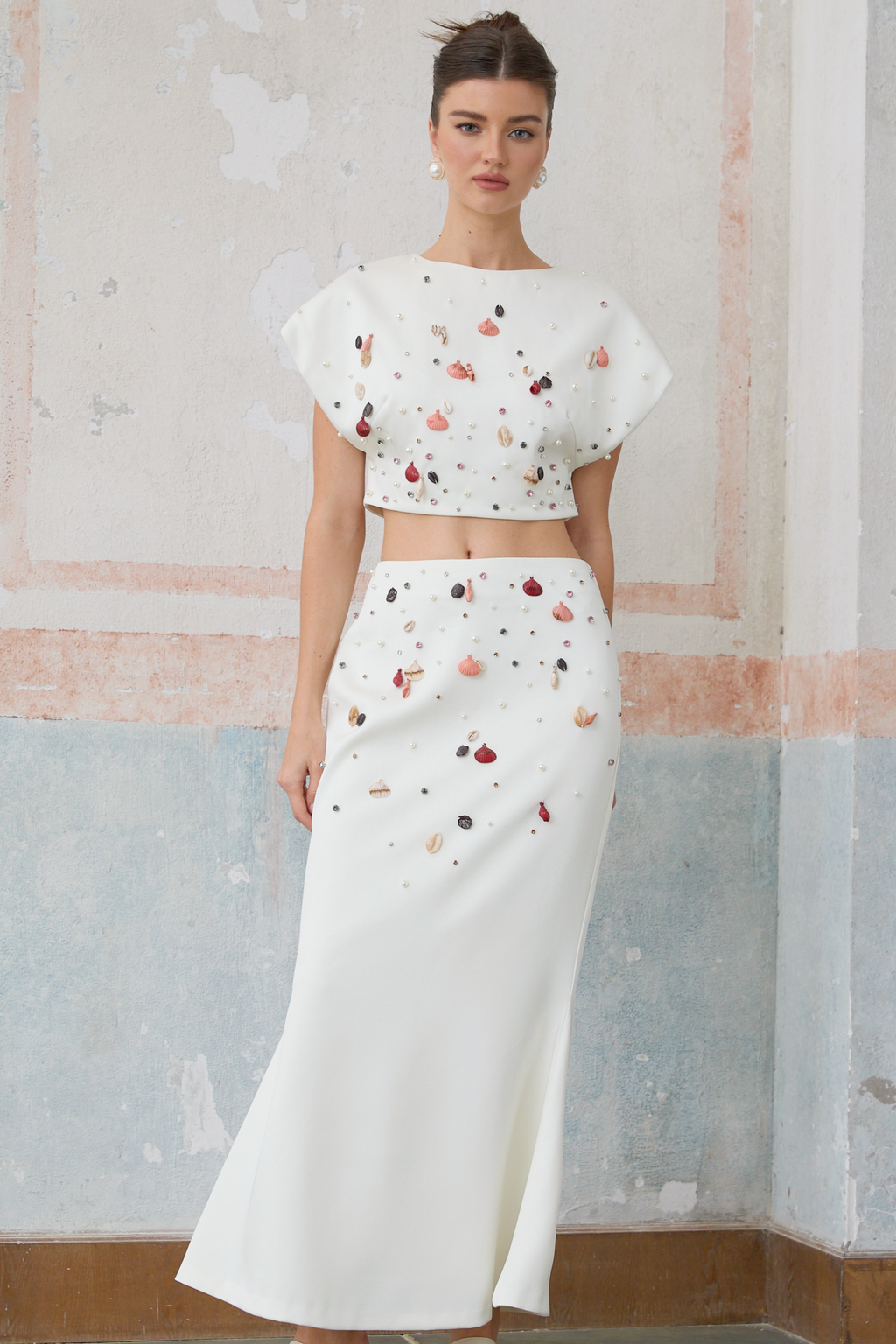 Delphine white shell-embellished top & skirt matching set