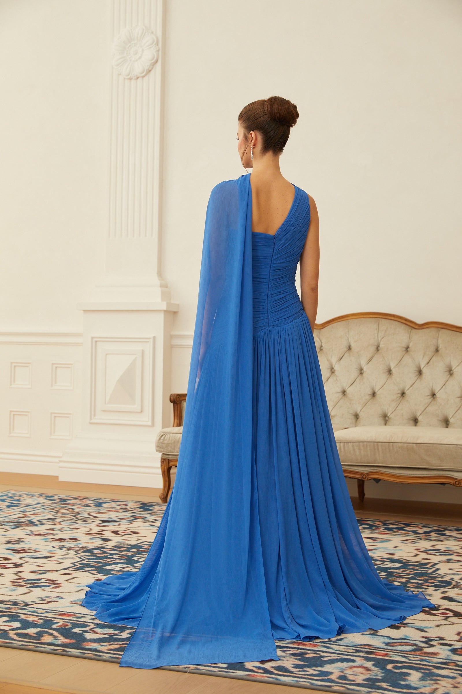 Faustine Blue Cape Design Ruched Maxi Dress
