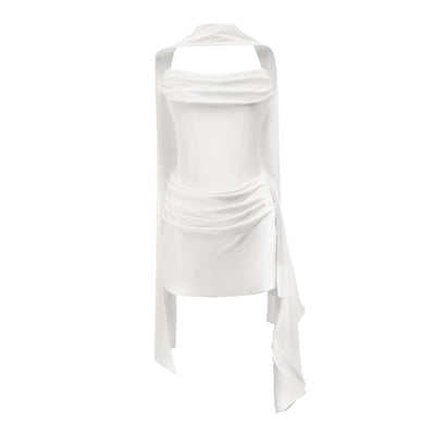 Zenina White Ruched Ribbon Detail Mini Dress (Final Sale-US Only)