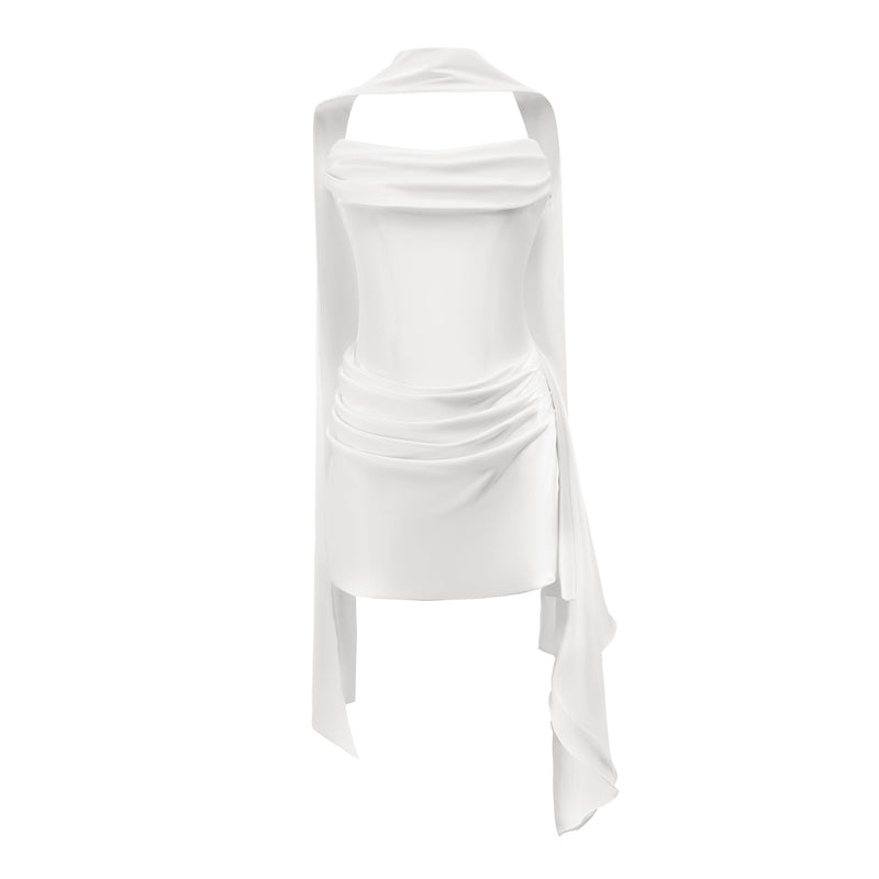 Zenina White Ruched Ribbon Detail Mini Dress (Final Sale-US Only)