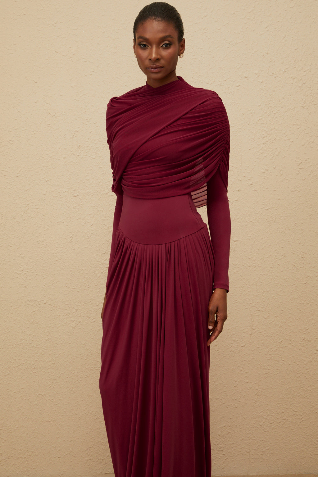 Catherine Red Asymmetrical Pleated Long-Sleeve Maxi Dress (Final Sale)