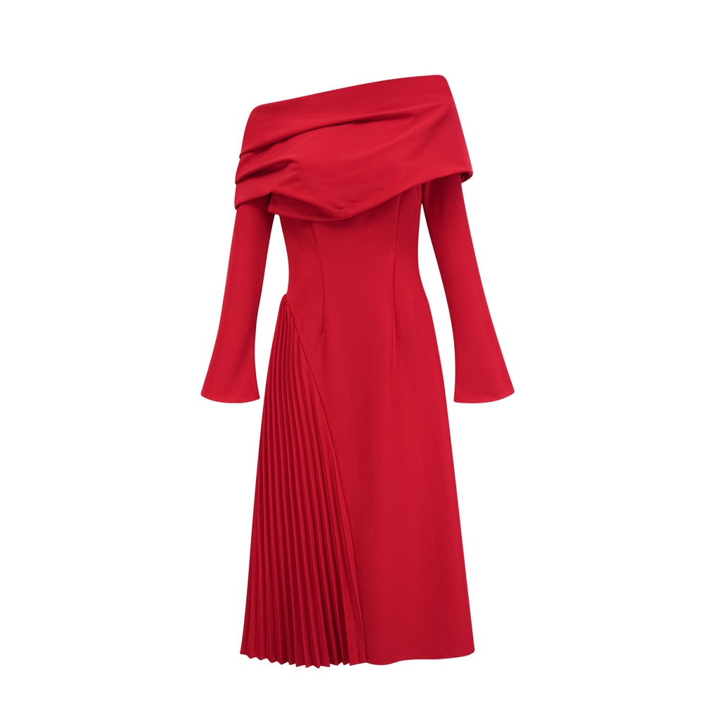 Valentine Red Pleated Maxi Dress with High Slit