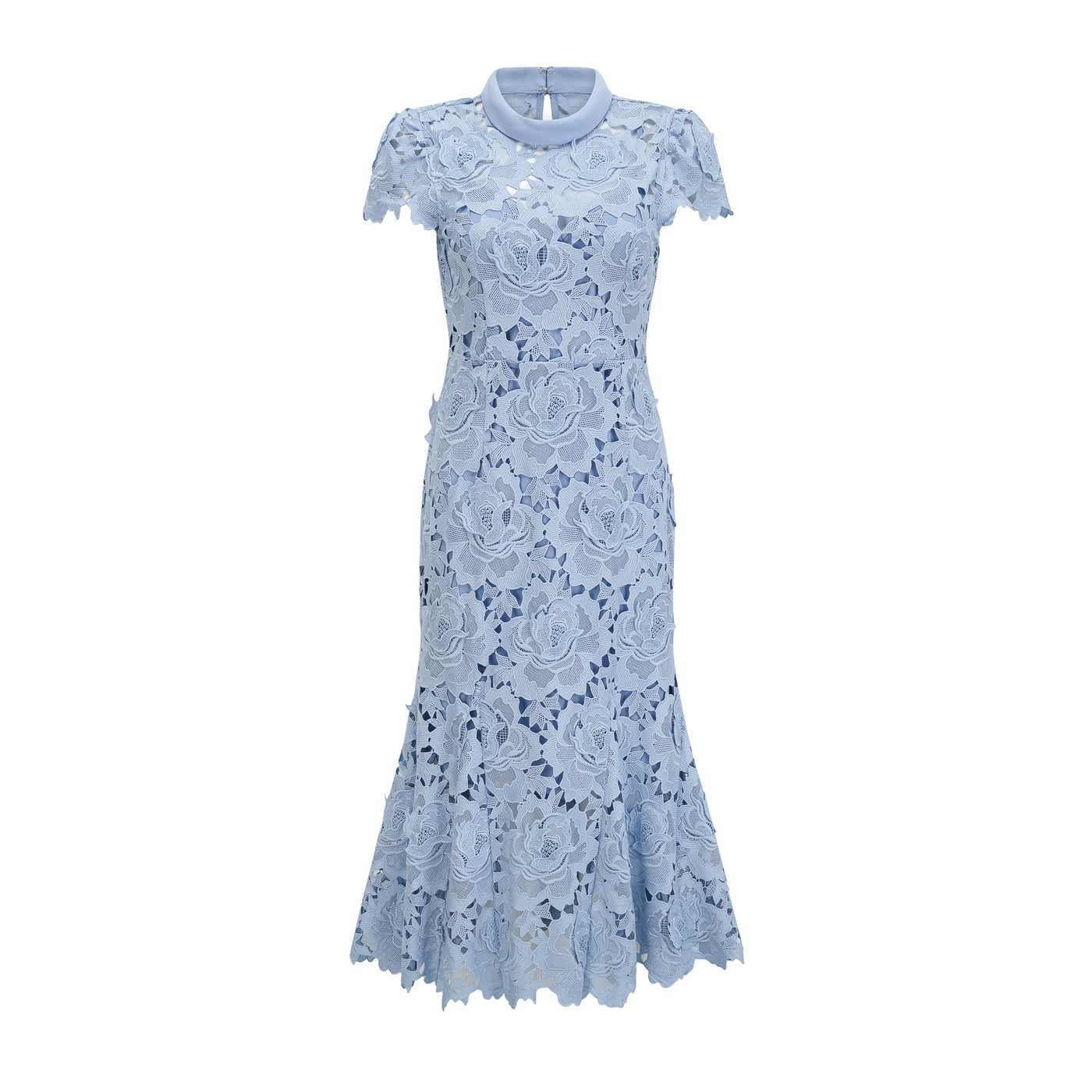 Aurore Blue Floral Appliqué Lace Midi Dress