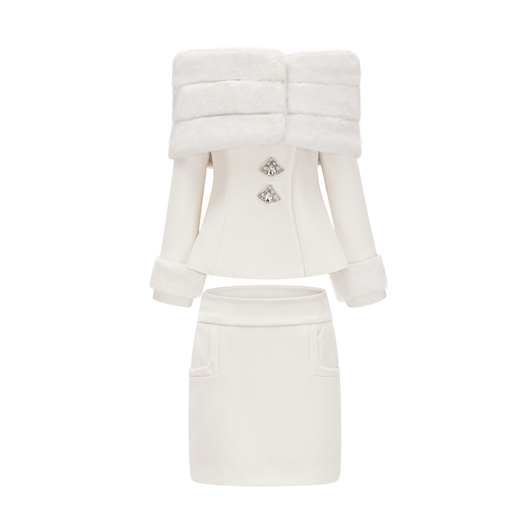 Caitlin white faux-fur jacket & skirt matching set