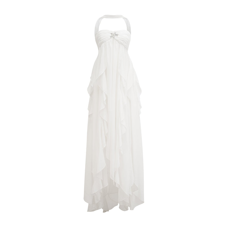 Mariah White Chiffon Ruffle Halterneck Maxi Dress
